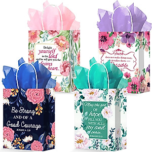 24 Pcs Religious Gift Bags Bible Gift Paper Bags with 24 Tissues Bible Verse Paper Bags with Handles Inspirational Flower Christian Gift Bags for Girls Birthday Wedding Party Baptism Spring Favors