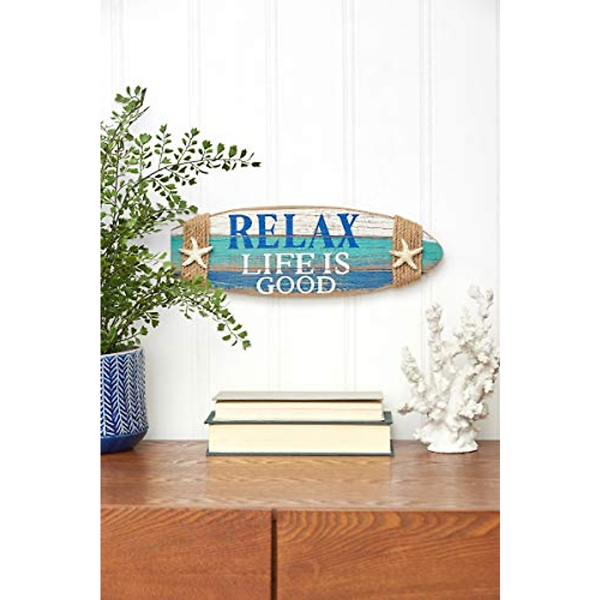 Beachcombers Relax Life is Good Surfboard Shape Coastal Plaque Wall Sign with Starfish Wall Hanging Decor Decoration for The Beach Blue