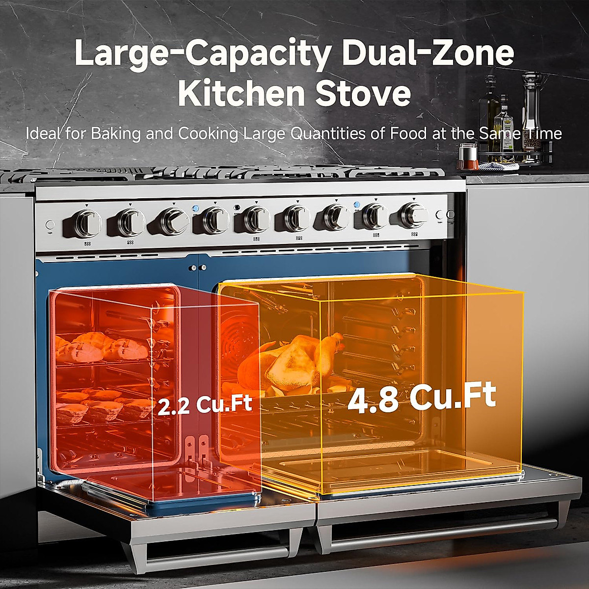 AAOBOSI 48 Inch Freestanding Gas Range Ovens with 7.0 cu.ft Large Capacity Double Convection Ovens, 6 Sealed Burners Plus Iron Grill Burner, Stainless Steel Gas Range Stove with NG/LPG Convertible