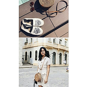 Daisy Lucky W Hand-woven round rattan bag PU leather shoulder strap Beach grass woven messenger women's bag Ladies Bohemian handbag Pure natural hand-made rattan woven wallet (Leather buckle)