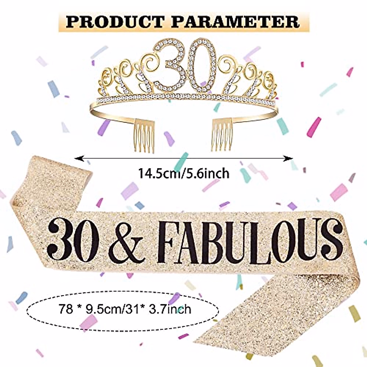 KYZCROTW 30th Birthday Gift for Women, 30th Birthday Tiara Crown, 30 & Fabulous Sash for Women 30 years old Birthday Party Decorations and Supplies, 2 pcs