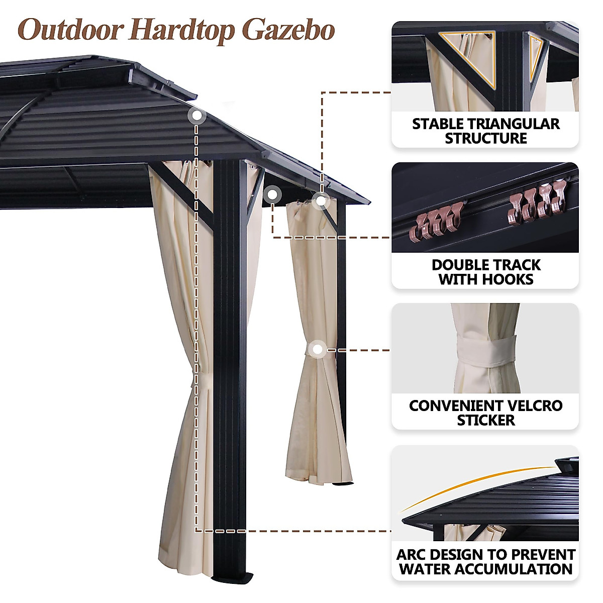 GARTOO 10x12FT Outdoor Galvanized Steel Hardtop Gazebo - Dome Canopy Gazebo with Breathable Mesh Screen & Private Curtains for Gaeden, Poolside, Deck, Backyard