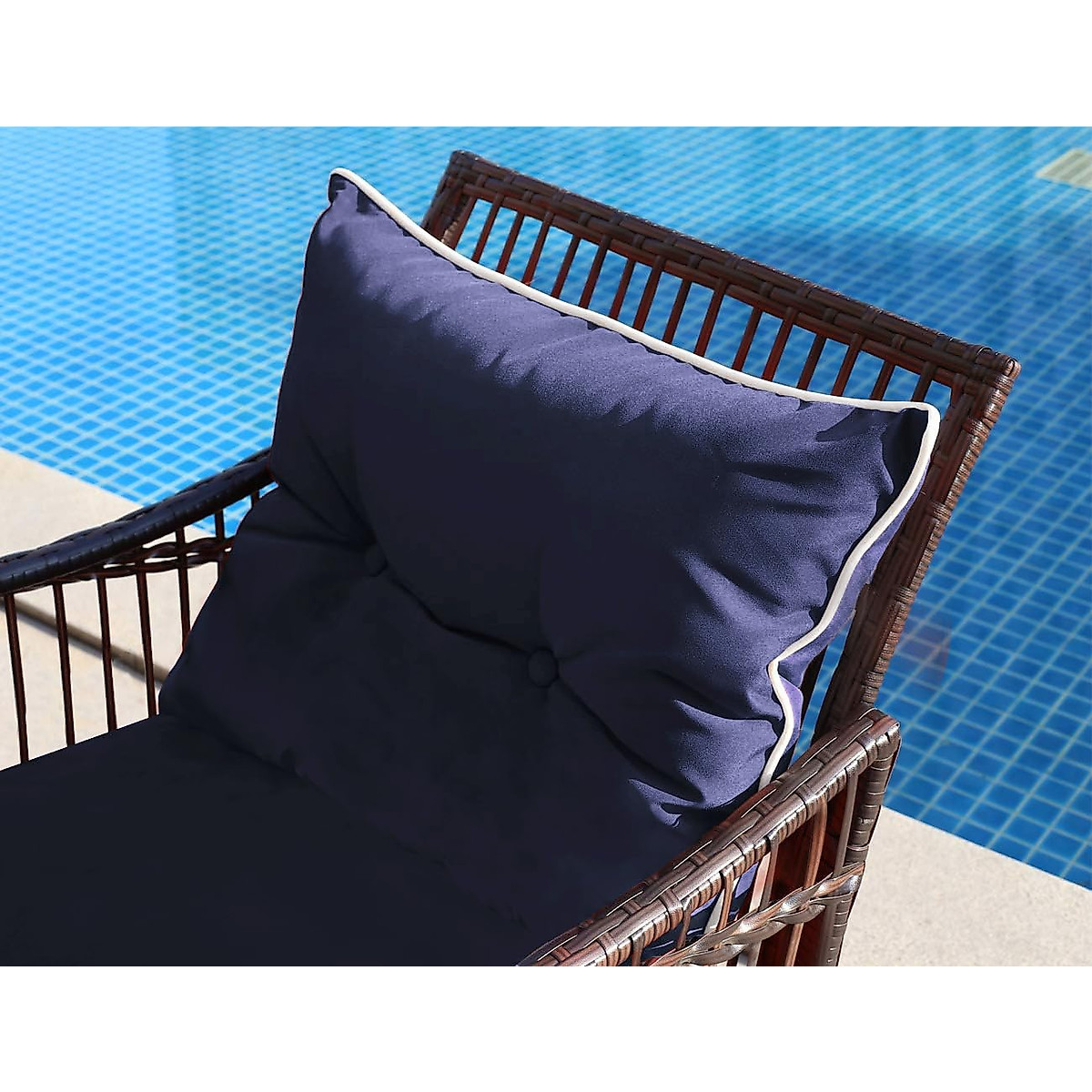 DECMICO Outdoor Rocking Chairs 3 Pieces Patio Conversation Front Porch Furniture, Wicker Rocking Chairs Bistro Set with Coffee Table for Garden and Balcony (Brown Rattan Royal Blue Cushion)