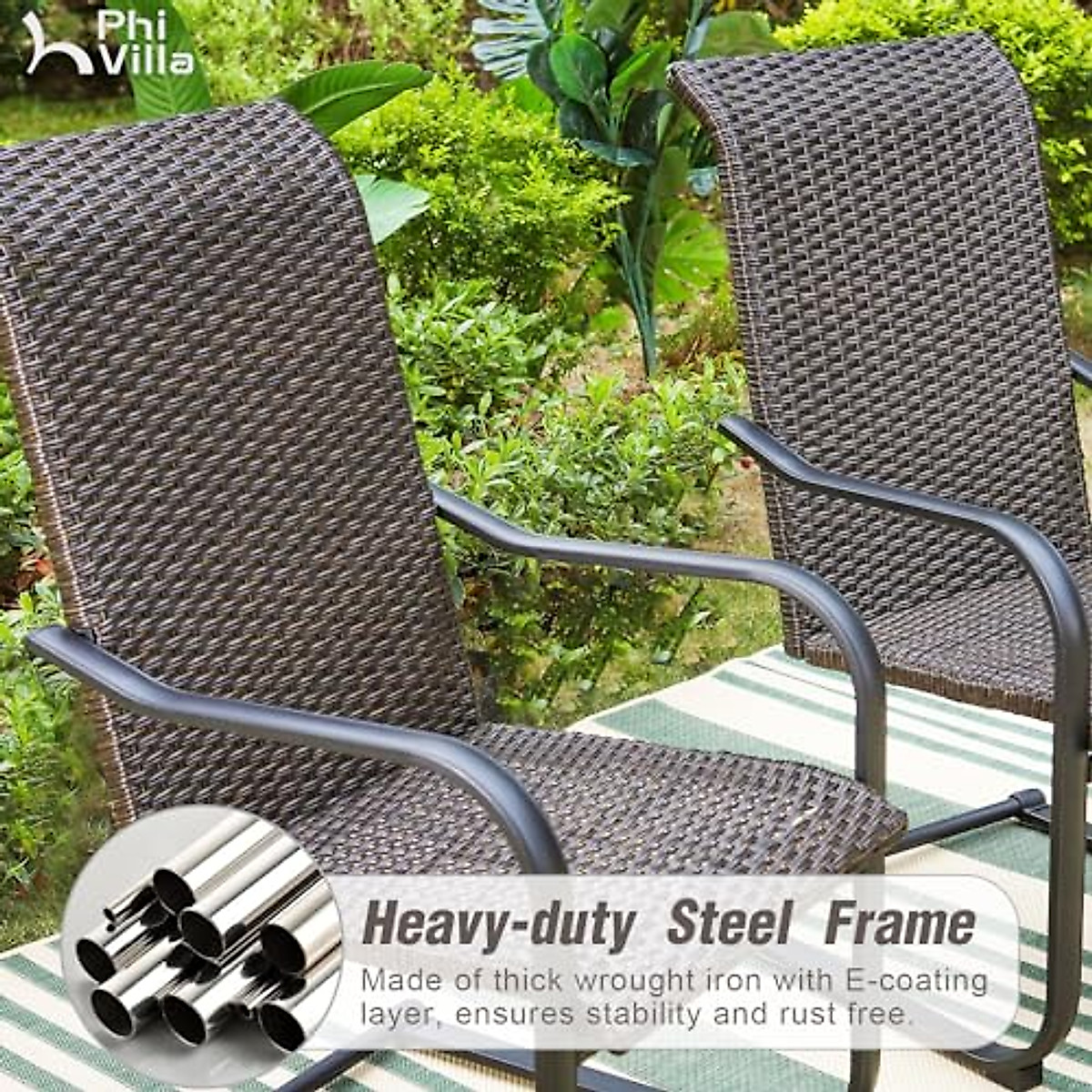 PHI VILLA Outdoor Patio C Spring Rattan Chairs Set of 2 Pieces High Back Wicker Dining Chair with Metal Frame for Patio, Deck, Porch - Brown