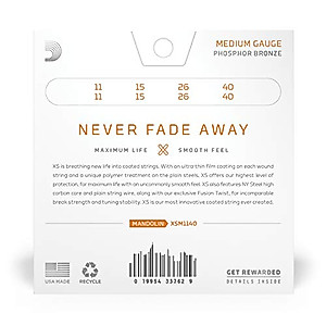 D'Addario Mandolin Strings - Coated Mandolin Strings - XS Phosphor Bronze - For 8 String Mandolin - Maximum Life, Smooth Feel - XSM1140 - Medium, 11-40