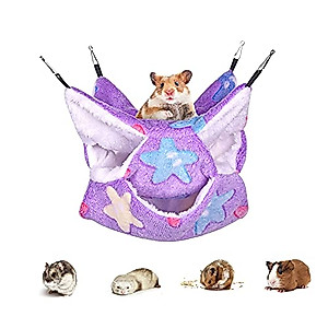 Petmolico Ferret Hammock Bed, Small Pets Warm Plush Three Tier Hanging Cage Hammock Hideout Ferret Accessories for Hamster Guinea Pig Rat Sugar Glider, Purple Star