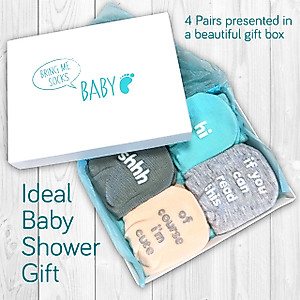 Baby Socks Gift Set - Unique Baby Shower or Newborn Gift - 4 Pairs of Cute Funny Quotes in Gift Box