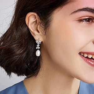 QuakerBird Freshwater Cultured Genuine Pearl Drop Earrings for Women Sterling Silver 9-10 mm Pearls Tennis Cluster CZ Dangle Stud Earrings Wedding (01, ivory)
