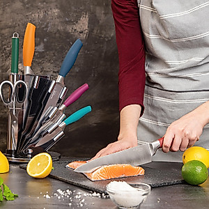 Professional Kitchen Knife Set – 7pcs Multi Colour Kitchen Knives – 360 Degree Rotating Knife Block Sharp Stainless Steel Blades – by Nuovva