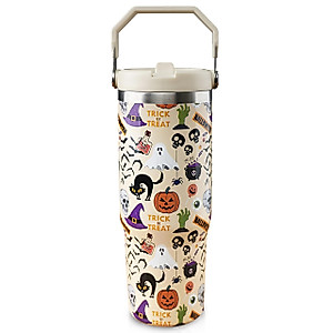 30oz Halloween Tumbler with Handle and Straw, Goth Black Cat Insulated Tumbler, Pumpkin Bat Skull Leak Proof Travel Coffee Mug, Reusable Stainless Steel Witch Tumbler, Halloween Gifts for Women