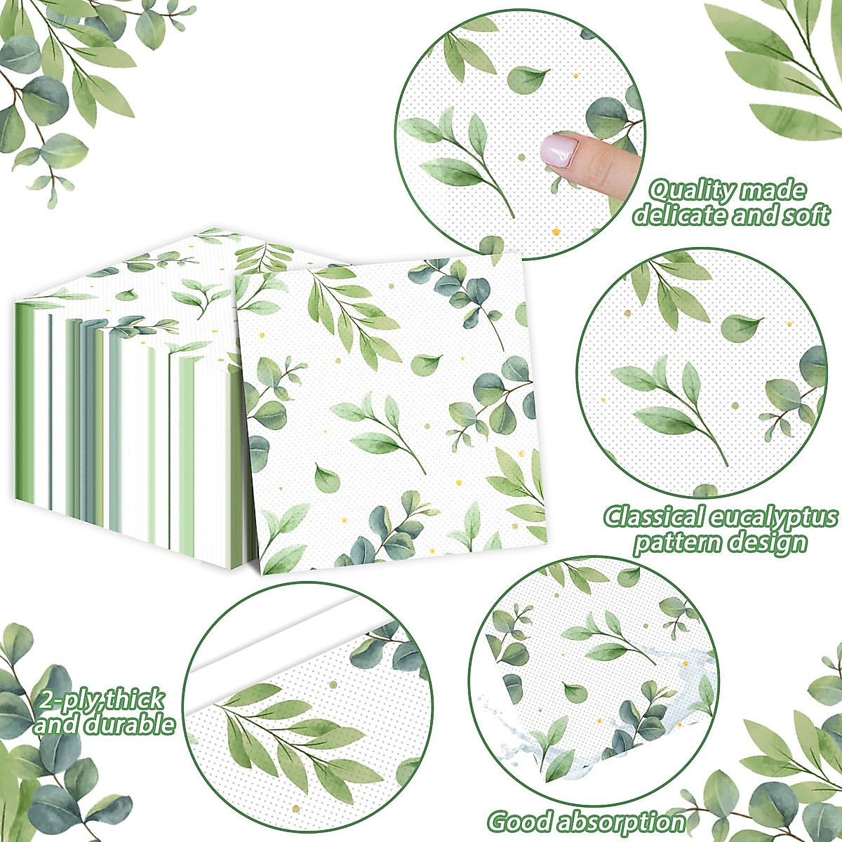 50PCS Eucalyptus Napkins Greenery Disposable Decorative Guest Papers for Wedding Green Foliage Eucalyptus Leaf Theme Luncheons Dinners Supplies for Bridal Shower Birthday Party Decoration