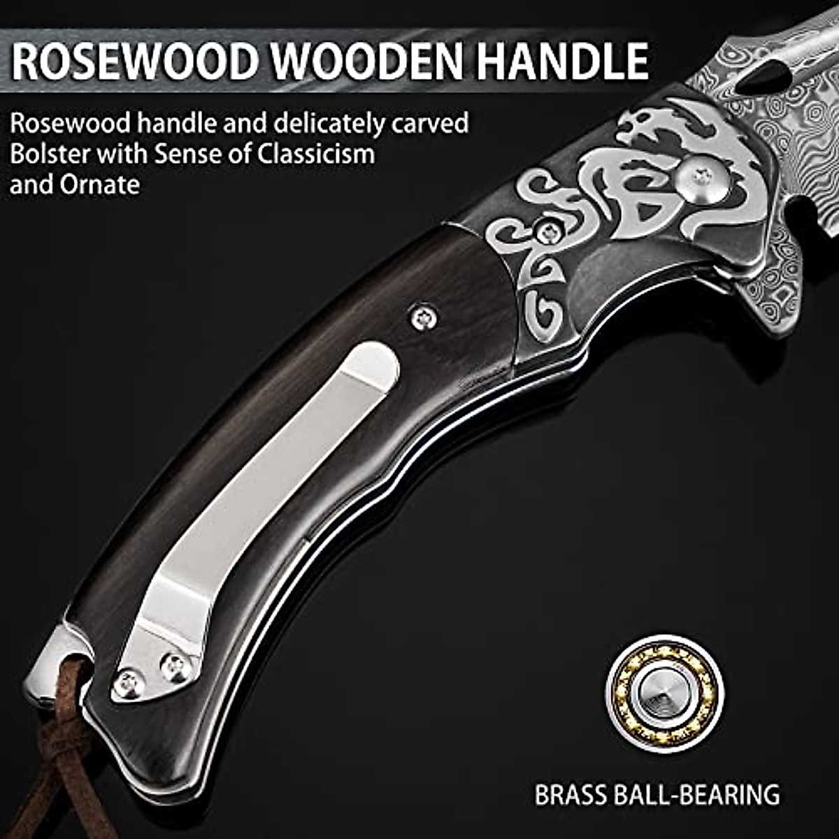 LOTHAR Damascus Pocket Knife for Men, Handmade Forged VG10 Damascus Folding Knife with Clip and Retro Leather Sheath, Men Gifts for Birthday, Anniversaries, Christmas Stocking Stuffers for Men (Black Sandalwood)