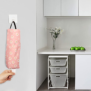 QIANRENON Kitchen Grocery Plastic Trash Bag Holder Washable Wall Mount Folding Little Daisy Storage Bag for Kitchen Bathroom Living Room Office Camper 2 PCS with 2 Hooks (Daisy Pink)