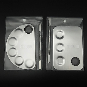 TIHOOD 2PCS 5-well / 3-well Makeup Palette with Spatula, Stainless Steel Nail-art Cosmetic Artist Mixing Palette for Mixing Foundation 6''x4'' Silver