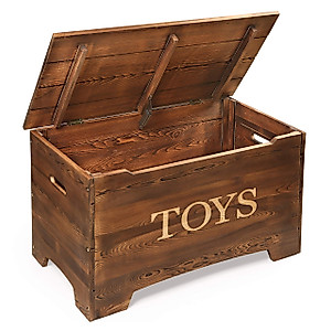 Badger Basket Farmhouse Solid Wood Rustic Toy Box with Reversible "Toys" Panel - Caramel Brown