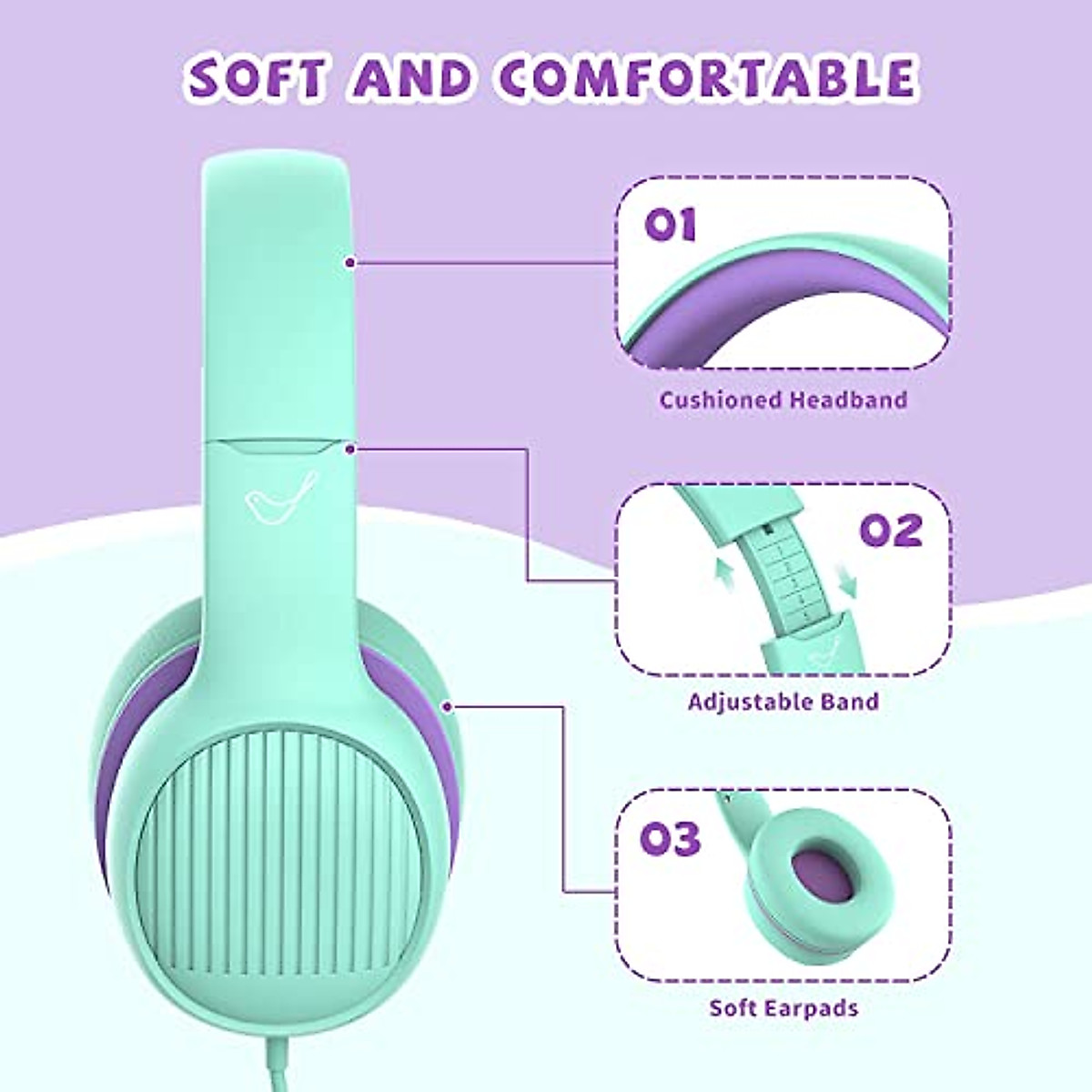 Kids Headphones, 85dB Volume Limiting - Toddler Headphones for Detachable Cat Ear, Wired Headphones with Sharing Splitter, Foldable Stereo Over-Ear Headphones for School/Travel/iPad/Kindle (green)