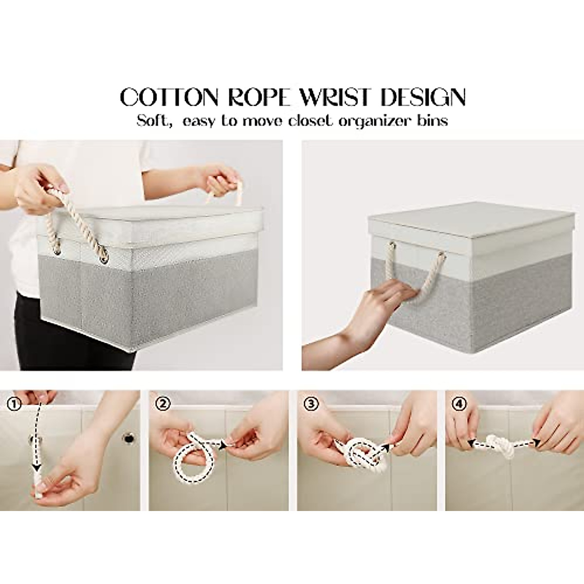 LoforHoney Home Fabric Storage Bins with Lids for Organizing, Foldable Storage Boxes with Lids for Shelves, Clothes Baskets with Cotton Rope Handles, Closet Storage Bins, Large, Beige & Gray, 2-Pack