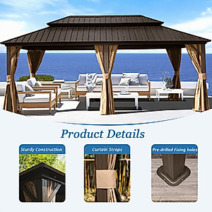 Domi 12' x 20' Hardtop Gazebo Permanent Metal Gazebo with Galvanized Steel Double Roof, Curtains and Netting for Party, Wedding, Outdoor Dining, Patio, Backyard, Brown