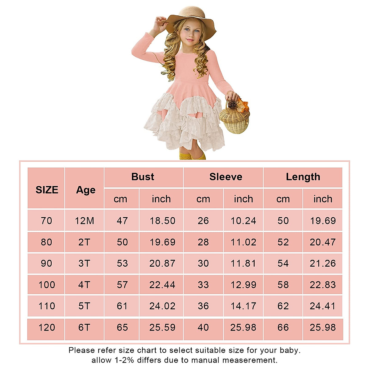 Baby Girls Long Sleeve Winter Ribbed Knit Dress Lace Layered Ruffle Dress for Christmas Holiday (Pink, 12-24M)