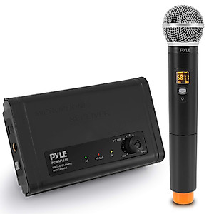 PYLE Compact UHF Wireless Microphone System - Pro Portable Single Channel Desktop Digital Mic Receiver Set w/ 1 Handheld Mic, Receiver Base, USB Cable, Battery, for Home, PA, Karaoke, DJ PDWM1950