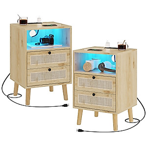 AOGLLATI Rattan Nightstands Set of 2 with Charging Station and LED Lights, Bed Side Tables with 2 Drawers and Open Storage, End Tables, Wood Night Stands for Bedroom, Natural
