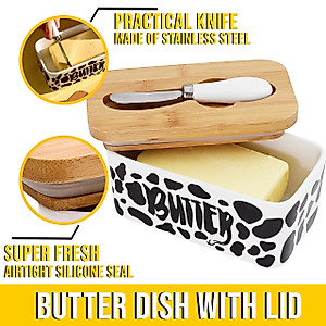 Lumicook Cow Large Butter Dish with Lid, Butter Dish with Lid for Countertop, Ceramic Butter Dish with lid and knife, Butter Keeper Double Silicone Seals, Perfect for 2 Sticks of Butter black