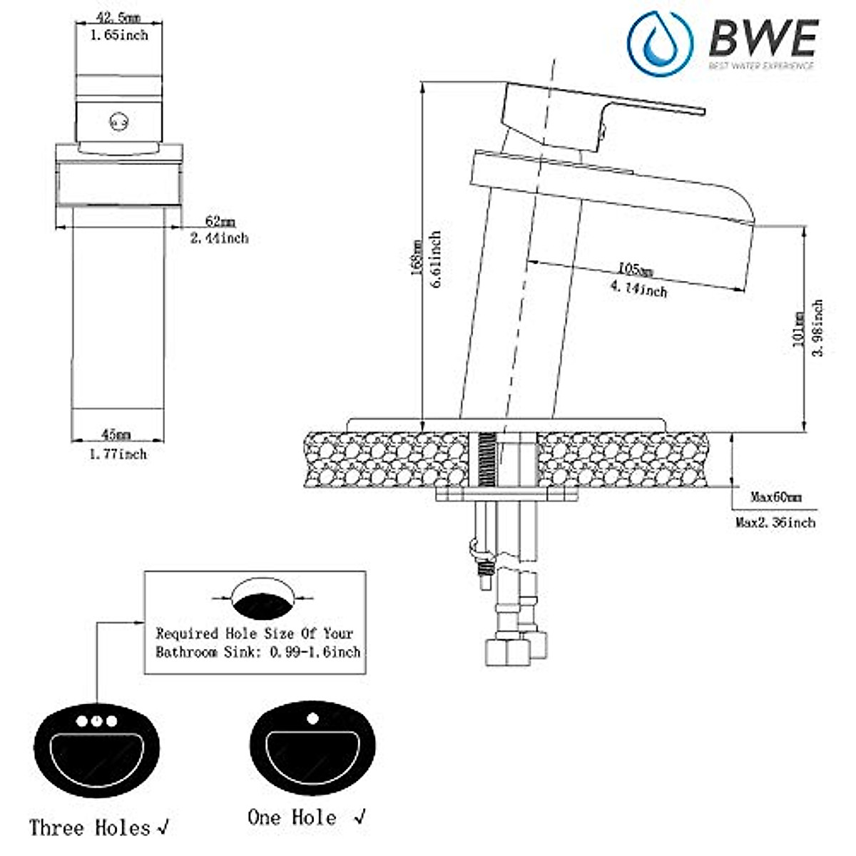 BWE Waterfall Bathroom Faucet Chrome Polished Modern Sink Bath Single Hole Handle Lavatory Vanity Washbasin Mixer Tap Brass Material with Water Faucets Supply Hose