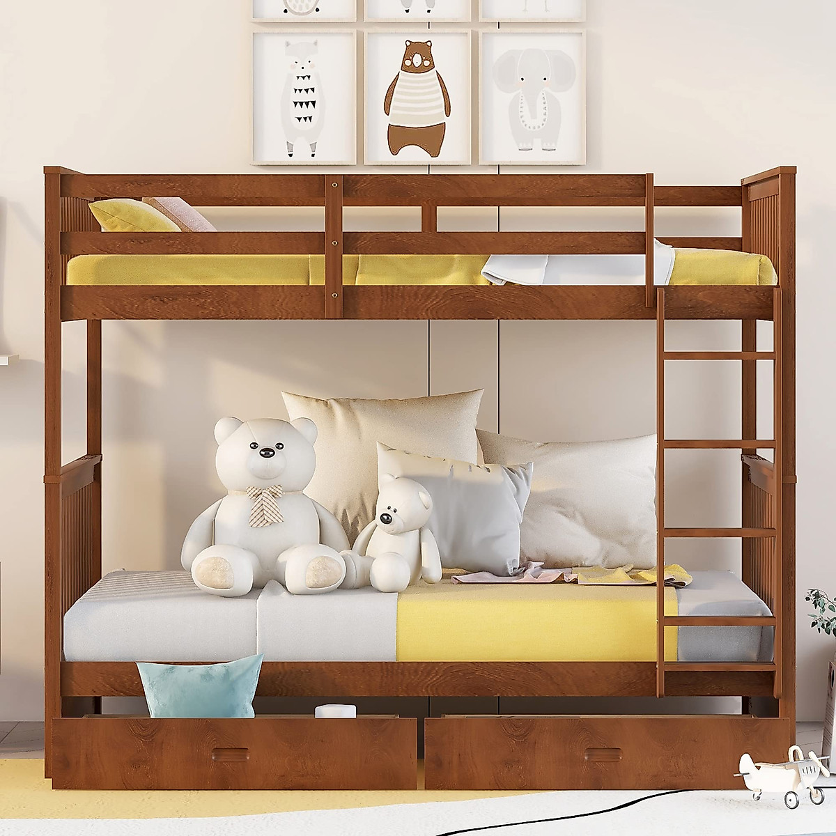 Harper & Bright Designs Twin Over Twin Bunk Beds with 2 Storage Drawers, Solid Wood Convertible Bunk Beds, Kids Twin Bunk Beds with Ladder, Safety Rail for Girls Boys Teens Adults,Walnut