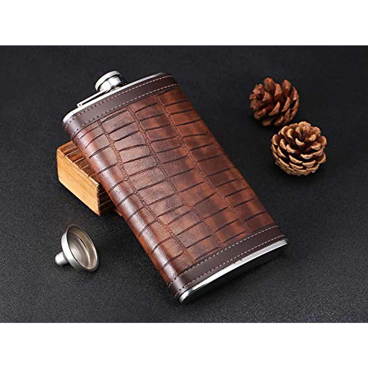 TOX TANEAXON 12 oz Crocodile Leather Pattern Pocket Whiskey Liquor PU Leather Wrapped Flask with Funnel and Premium Box - Stainless steel and Leak Proof