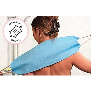S&T INC. Exfoliating Body Scrubber, Back Exfoliator for Shower, Exfoliating Stretch Cloth with Handles, 8 Inch x 21 Inch, Blue, 1 Pack