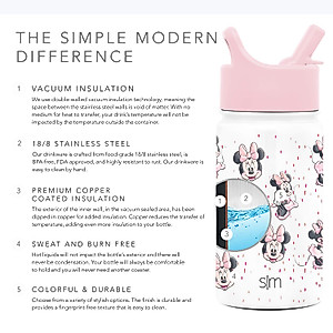 Simple Modern Disney Minnie Mouse Kids Water Bottle with Straw Lid | Reusable Insulated Stainless Steel Cup for School | Summit Collection | 14oz, Minnie Mouse Sprinkle
