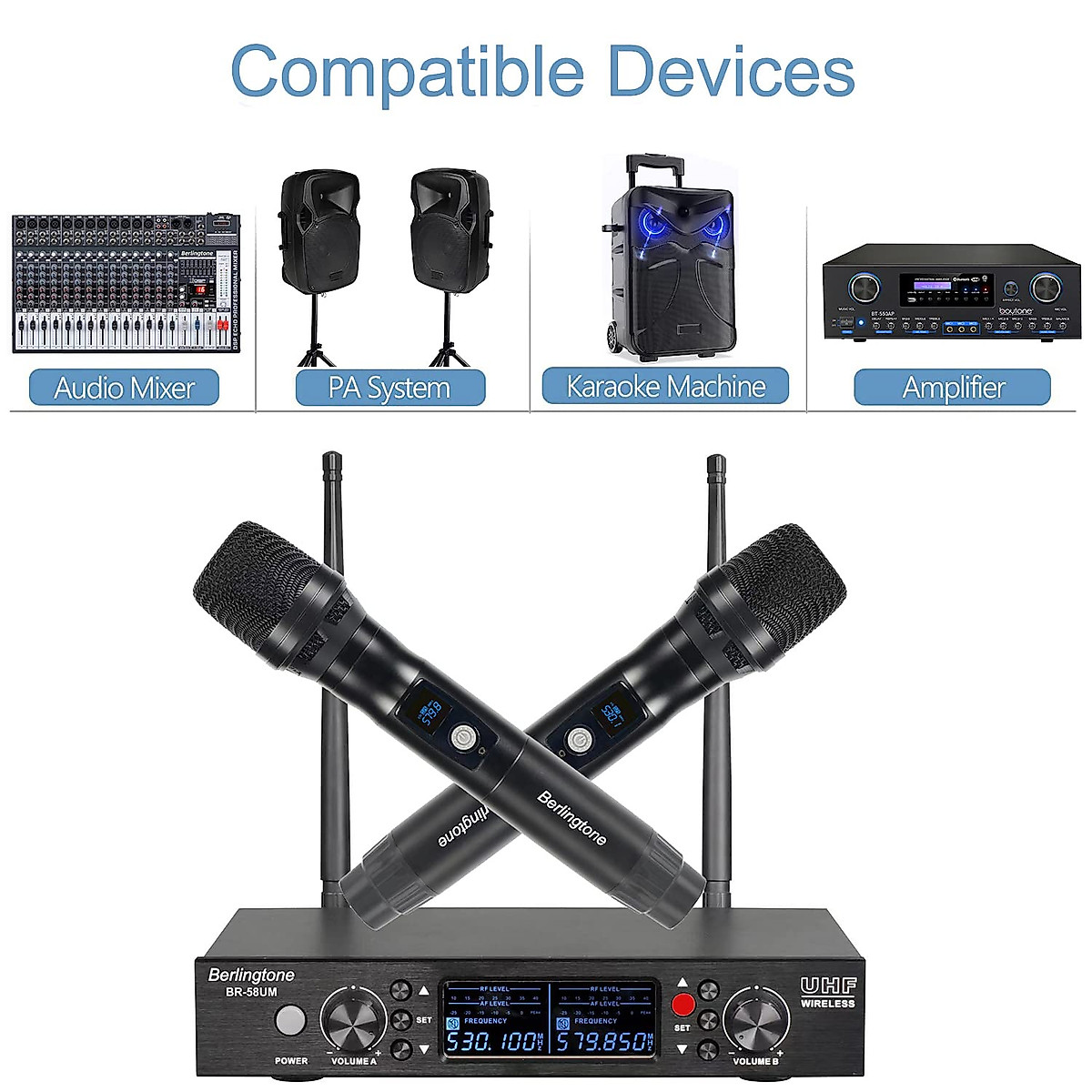 Berlingtone BR-58UM UHF Professional Handheld Wireless Microphone Systems, 120- Adjustable Frequency Channel, Metal Mic/Base, Karaoke, DJ, Conference, Church, Meeting, Weddings, UP to 260ft Range