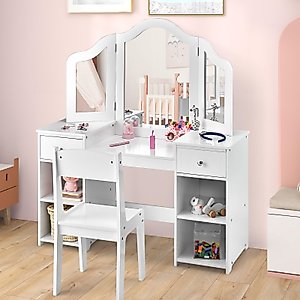 AKUSTIK Kids Vanity, 2 in 1 Wooden Princess Makeup Table and Chair for Toddlers with Tri-Folding Detachable Mirror, Storage Drawers for Little Girls, Pretend Beauty Dressing Desk Play Set Toy Gift