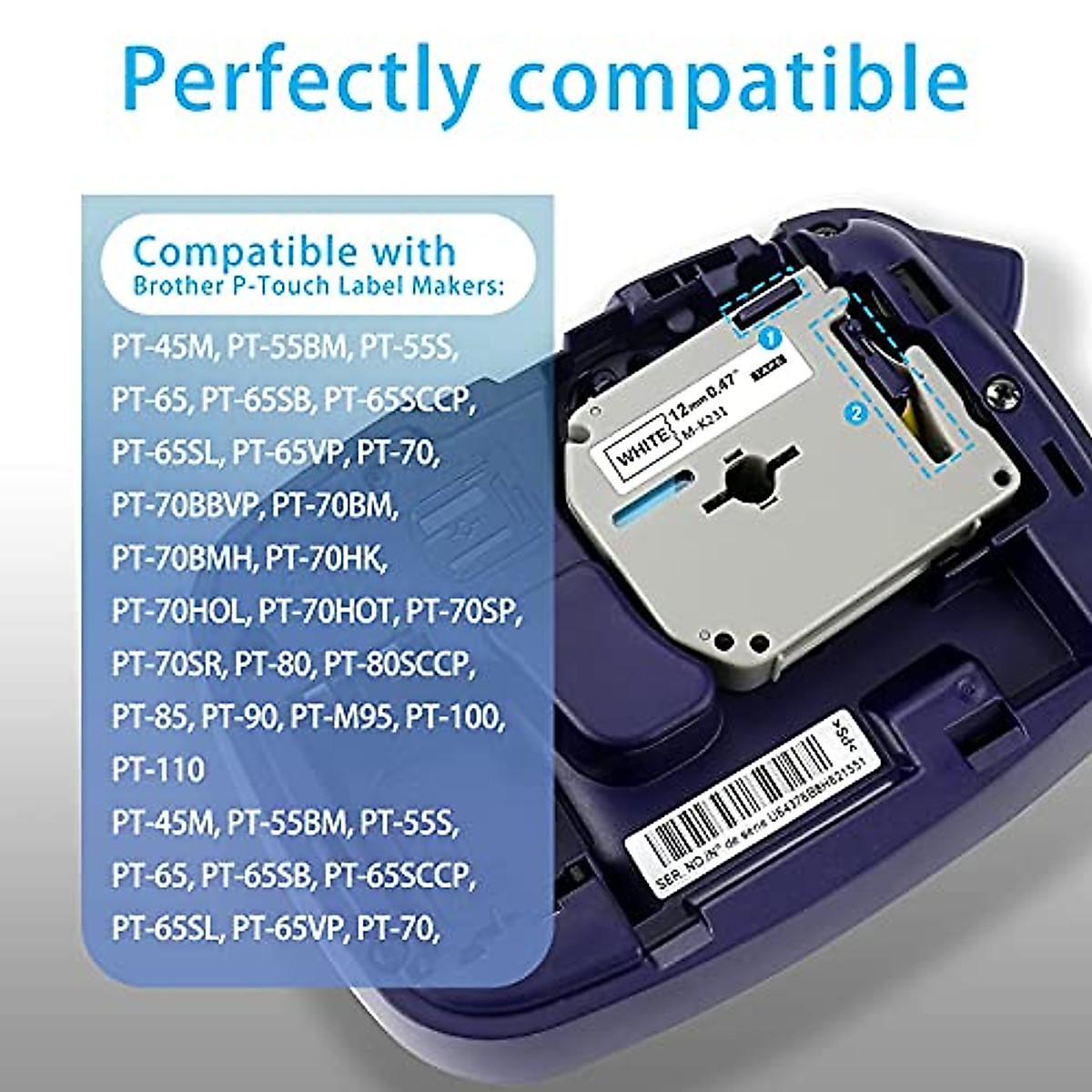 5PK 12mm 0.47 M-K231s M Tape Compatible with Brother M Tape 12mm 0.47 White M-k231 M-k231s，Black on White for Brother 12mm 1/2 M Tape Label Maker Tape for Brother PTouch PT-65 PT-90 PT-M95 PT-70BM