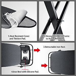 Duwee Steel Top Extra Wide Ironing Board with Sleeve Board and Adjustable Iron Rest, Luxury Foldable Ironing Boards with 10 mm Thicken Feltpad and Cover, Adjustable Height,18"x48"