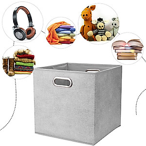 i BKGOO Cloth Storage Bins Set of 4 Thick Fabric Drawers Foldable Cubes Basket Organizer Container with Dual Metal Handles for Shelf Cabinet Bookcase Boxes Grey-White 10.5x10.5x11 inch