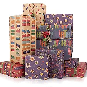 Larcenciel Birthday Wrapping Paper, 6 Sheets Kraft Gift Wrapping Paper with Cut Lines on Reverse, Happy Birthday Wrapping Paper for Boys Girls, Stars Gift Wrap for All Birthday,Baby Shower,27.5x19.6in