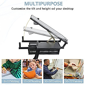 Lamerge Glass Drafting Table with Stool, Drawing Desk for Adults/Artists 2 Storage Drawers,Height Adjustable 0-75° Tilting Home Office, Black (Drafting Table001)