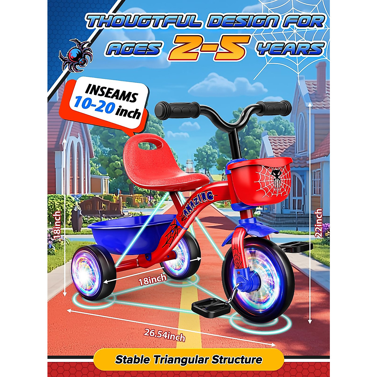 Tricycle for Toddlers 1-3 3-5 Year Olds, Spidern Toddler Bike Baby Balance Bike with Colorful Lighting Wheels & Large Basket, Birthday Gift and Toy for 1 2 3 4 5 Year Olds Boys and Girls