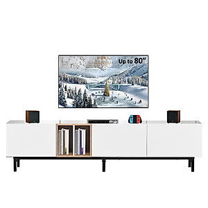 Merax Modern TV Entertainment Center with 3 Cabinets & Open Shelves, Wood TV Stand for TVs Up to 80” for Living Room Bedroom (White)