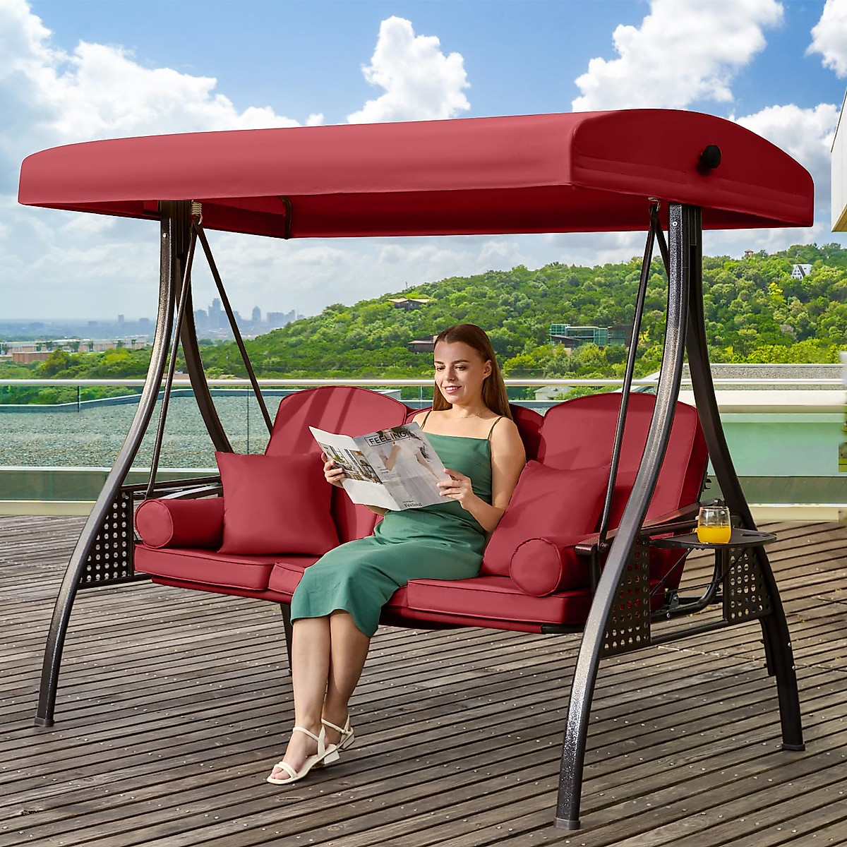 Yalissey 3 in 1 Outdoor Porch Swing with Adjustable Canopy, 3 Seat Outdoor Swing for Adults, Patio Swing Chair with Thickened Cushions,Pillows & Cup Holders for Backyard, Porch, Garden (Wine Red)