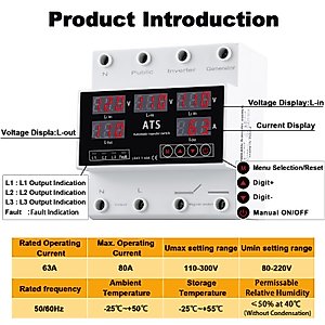 Automatic Transfer Switch,Automatic Switching Between Utility Power、Generator and Inverter,Overcurrent Protection,Overvoltage and undervoltage Protection,63A