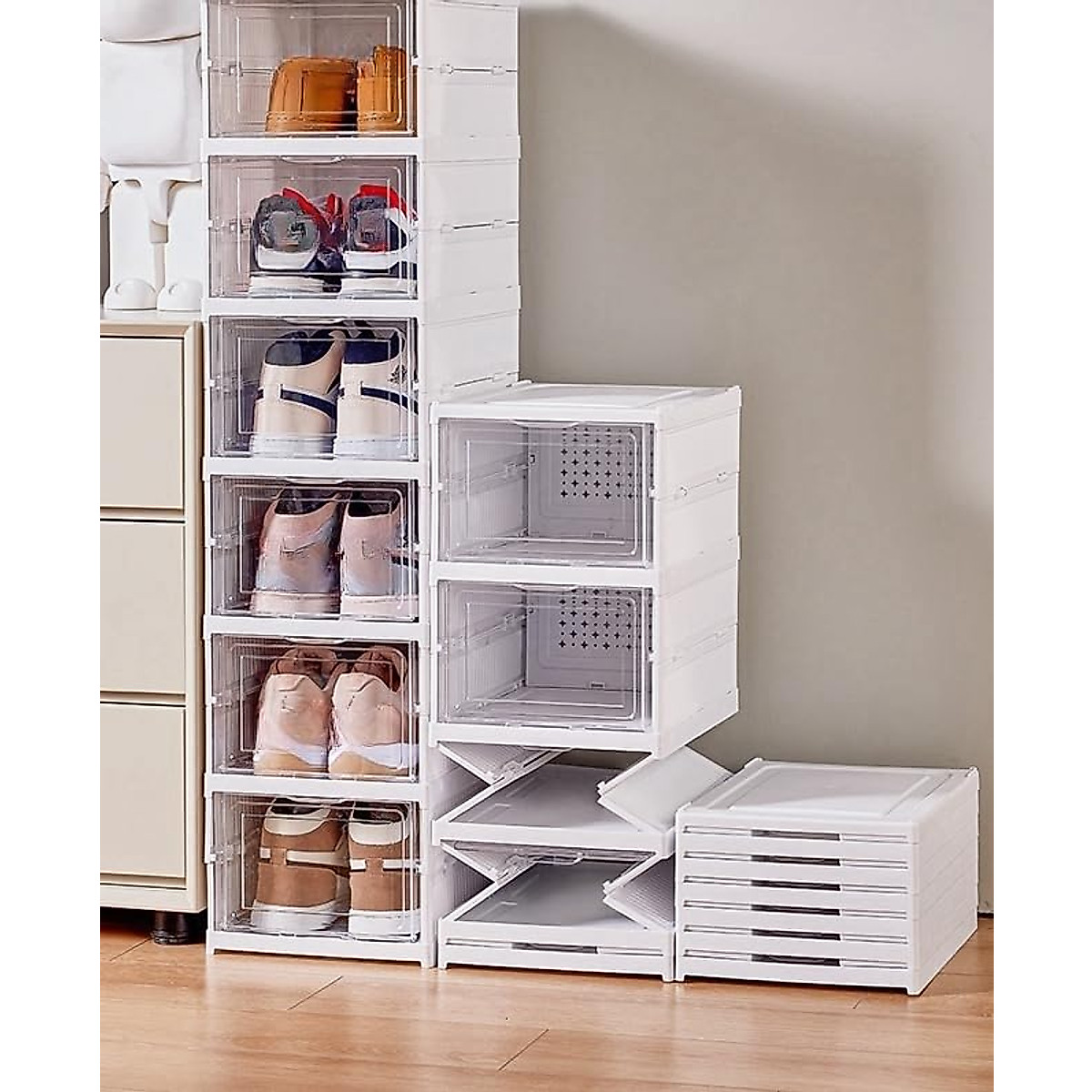 ALTUY 1 Piece Shoe Organizer, Foldable Space Saving Shoe Rack, Clear Plastic Stackable Shoe Organizer for Sports Shoe and Boot Organizer, Shoe Display Boxes