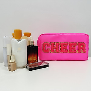 cqoogrlx Cheer Patch Bag Letter Patch Nylon Makeup Bag Cheer Cosmetic Bag Cheerleader Gifts Preppy Chenille Varsity Letter Cheer Makeup Bag Case Toiletry Zipper Pouch for Women Girls(Cheer-hot pink)
