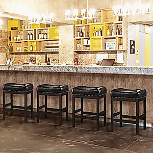 Yaheetech 26" Bar Stools Set of 2 Counter Height Bar Stools Leather Saddle Stool Kitchen Stools for Island Modern Backless Faux Leather Counter Stool, Black