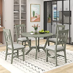 Voohek Kitchen Dining Set, 5-Piece Round Wood Table and Chair, Classic Family Furniture for Dinette, Compact Space, Green