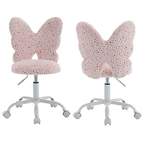 DAYALANE Butterfly Kids Desk Chair with Wheels, Faux Fur Study Chair for Girls, Adjustable Cute Kids Chair Swivel Upholstered Task Chair Rolling Desk Chair for Bedroom/Reading, Pink