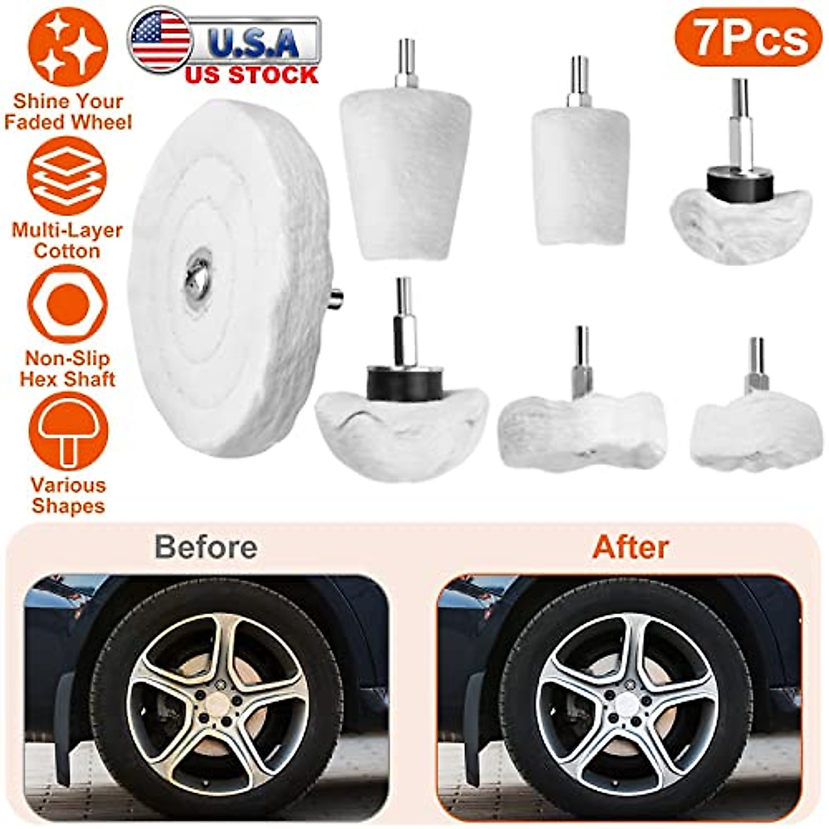 7Pcs Polishing Pads, Car Polisher Buffers Tool Body Repair Buffing Wheels Motorcycle Polishing Disc Ball Mop Wheel Drill Kit with 1/4" Hex Shaft for Diamond Glass Granite Manifold Aluminum Chrome