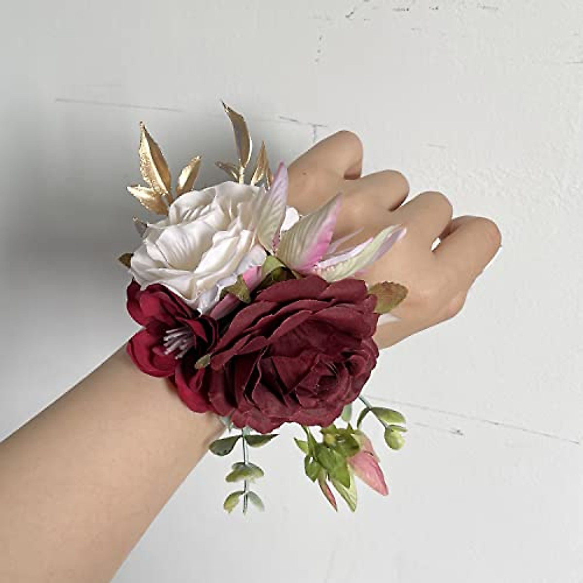 Rinlong Set of 6 Burgundy Wrist Corsage Wristlet Band Bracelet Wrist Flowers Wedding Bride Bridesmaid Flower Accessories Decoration