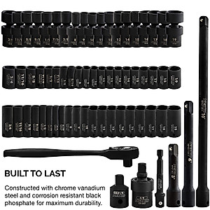 NEIKO 02471A Impact Socket Set, 3/8” Drive, 67 Piece, Metric and Standard Master Socket Set with Shallow & Deep Sockets, Ratchet, Swivel Sockets, Extension Bars, Adapters, Cr-V & Cr-Mo